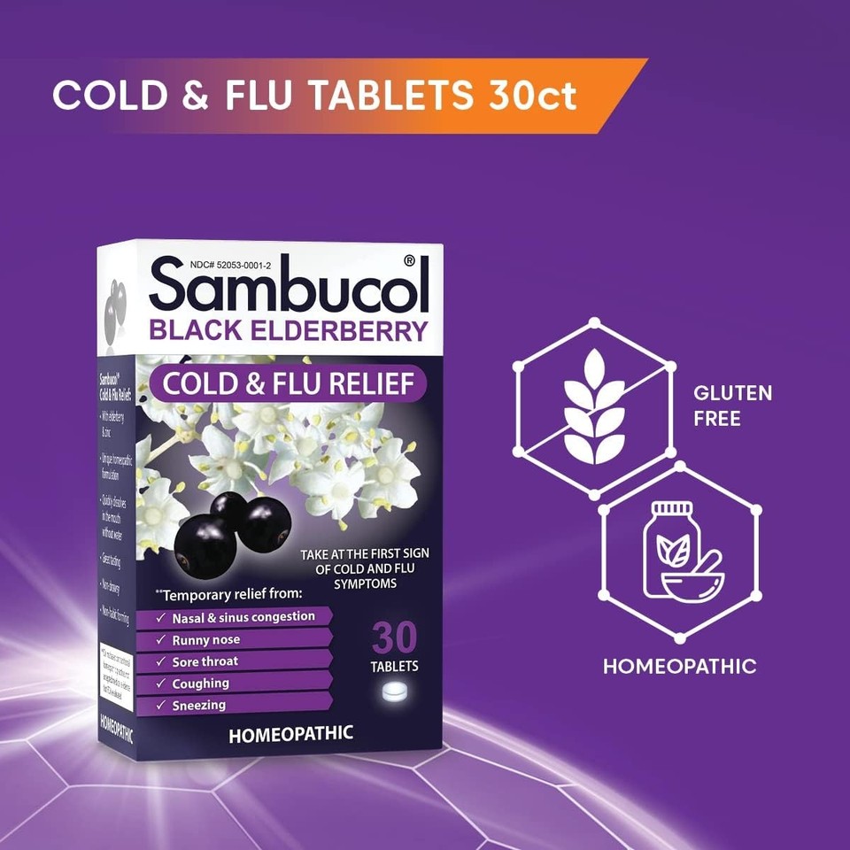 Sambucol Cold and Flu Relief Tablets - Homeopathic Cold Medicine, Cold ...