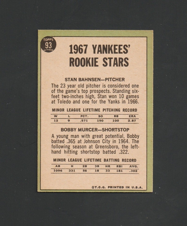 1967 Topps Yankees Rookie Stars #93 ~~ Bobby Murcer ~~ Nice Card | eBay