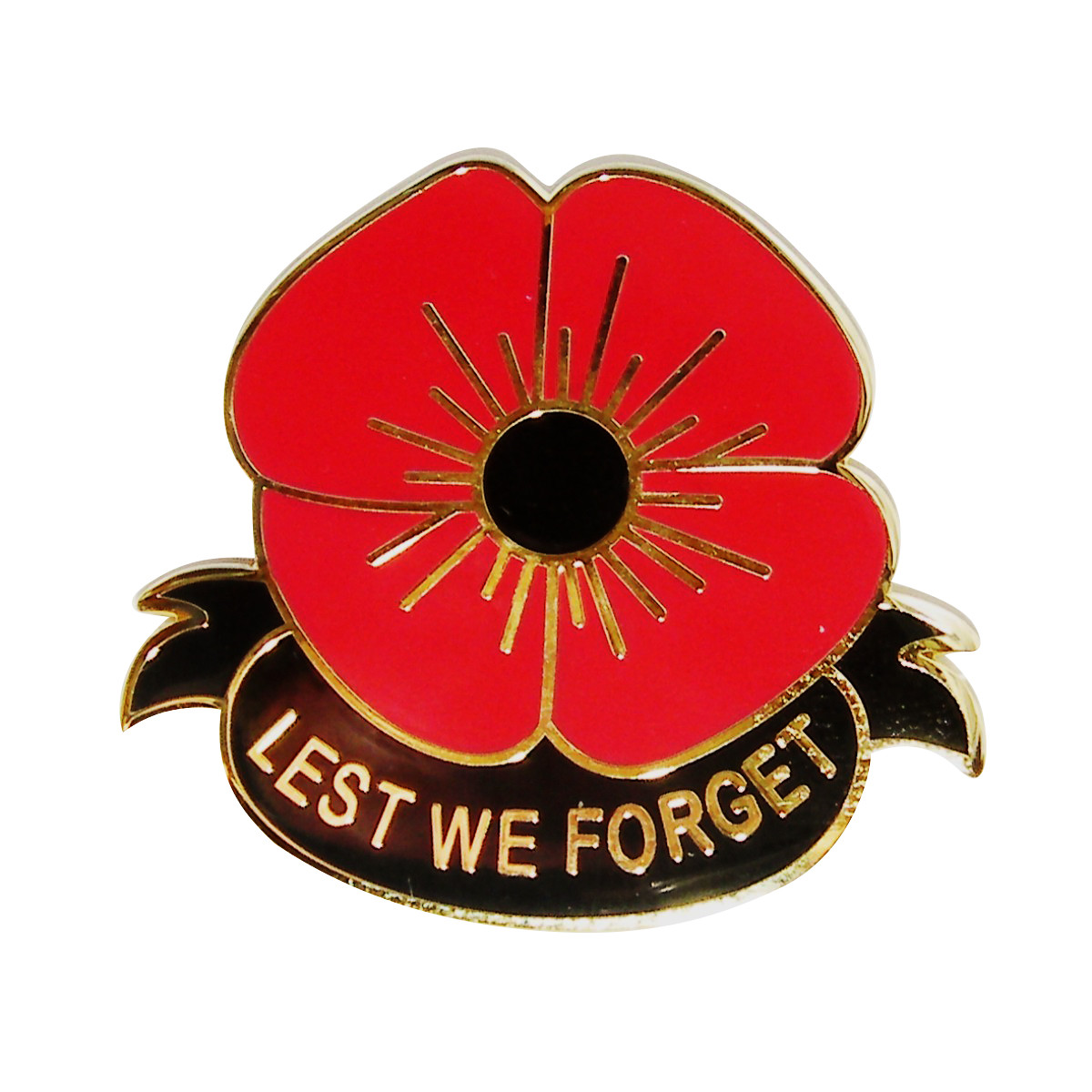 RED POPPIE BADGE - GOLD LETTERING LEST WE FORGET - Remembrance Day UK ...