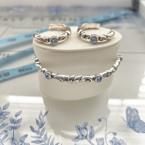 BRIGHTON Blue Stone Scroll Vine Bangle Hoop Earring Estate Jewelry Set ...
