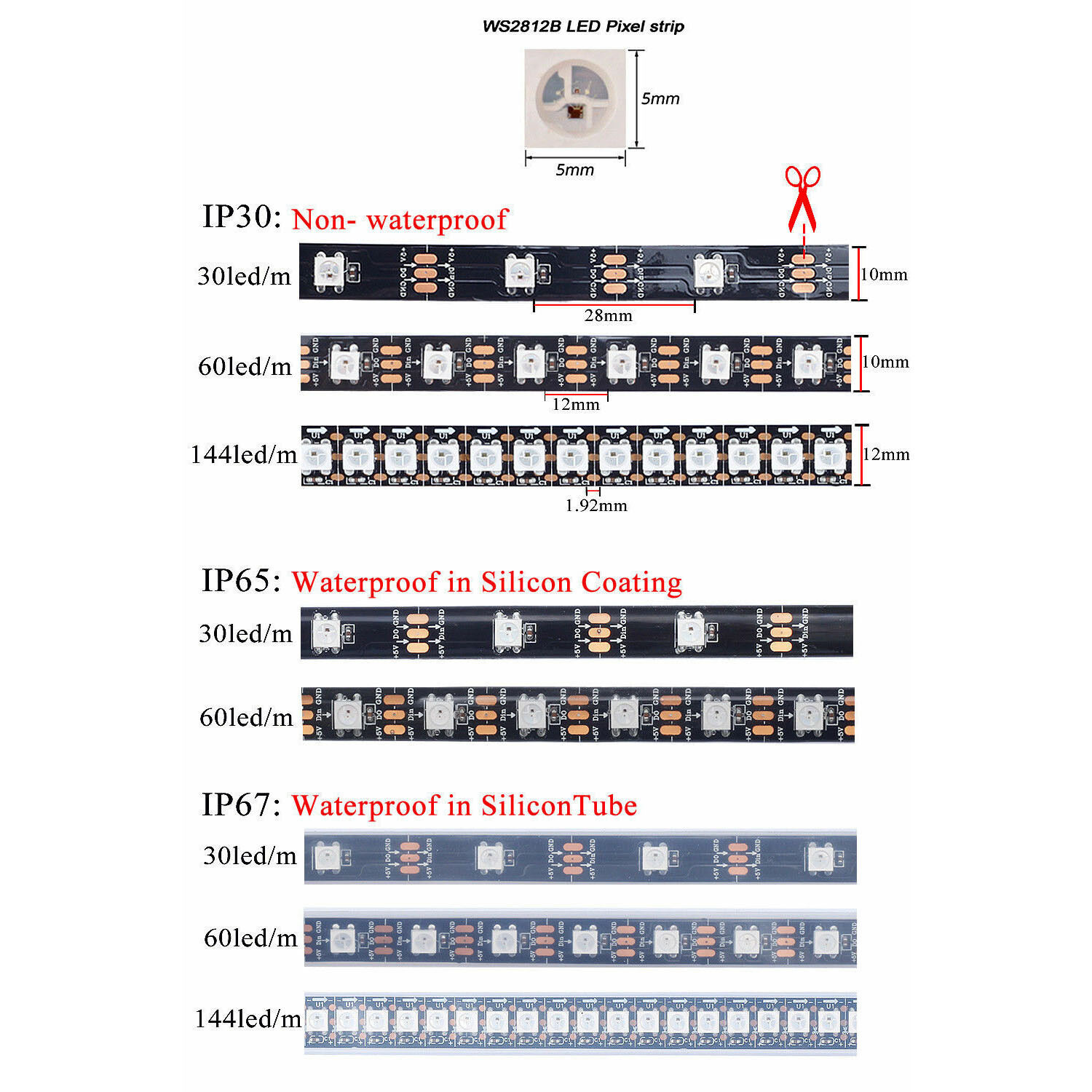 WS2812B 5050 RGB LED Strip 30/60/144LED/m WS2812 IC Individual ...