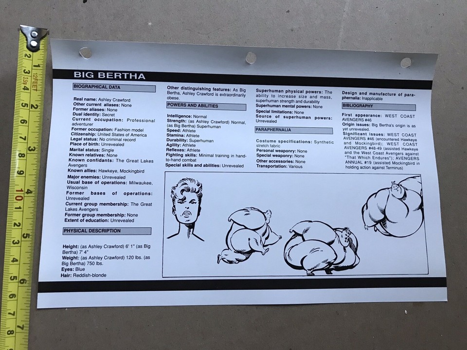 Vintage Avengers Character BIG BERTHA Bio Marvel Comic Sheet Card RARE ...