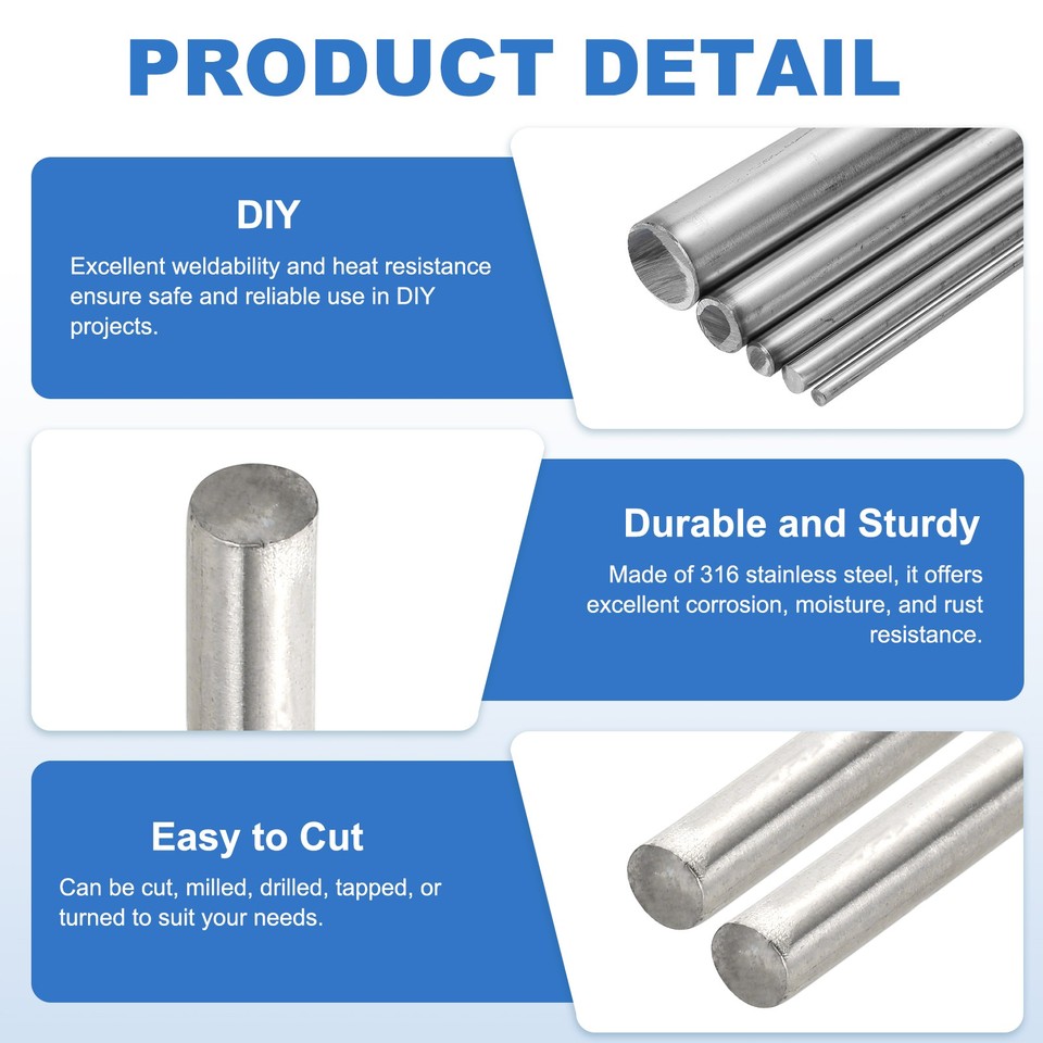 5Pcs 316 Stainless Steel Round Rod Bar, 5x200mm Silver Solid Shaft Rods ...