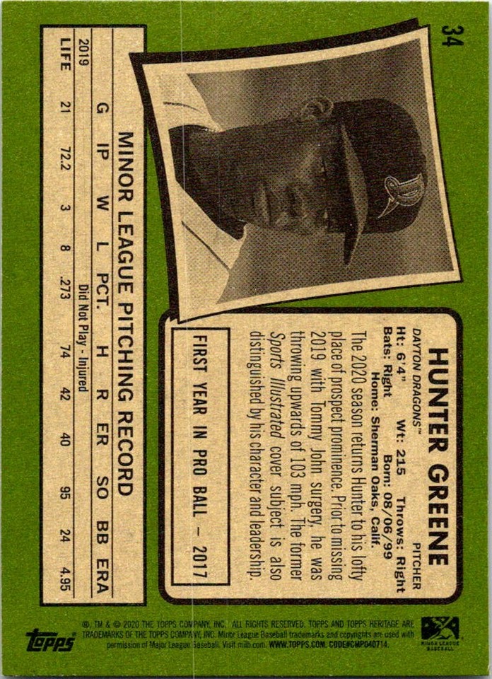 2020 TOPPS HERITAGE MINOR LEAGUE HUNTER GREENE ROOKIE SP DAYTON DRAGONS ...