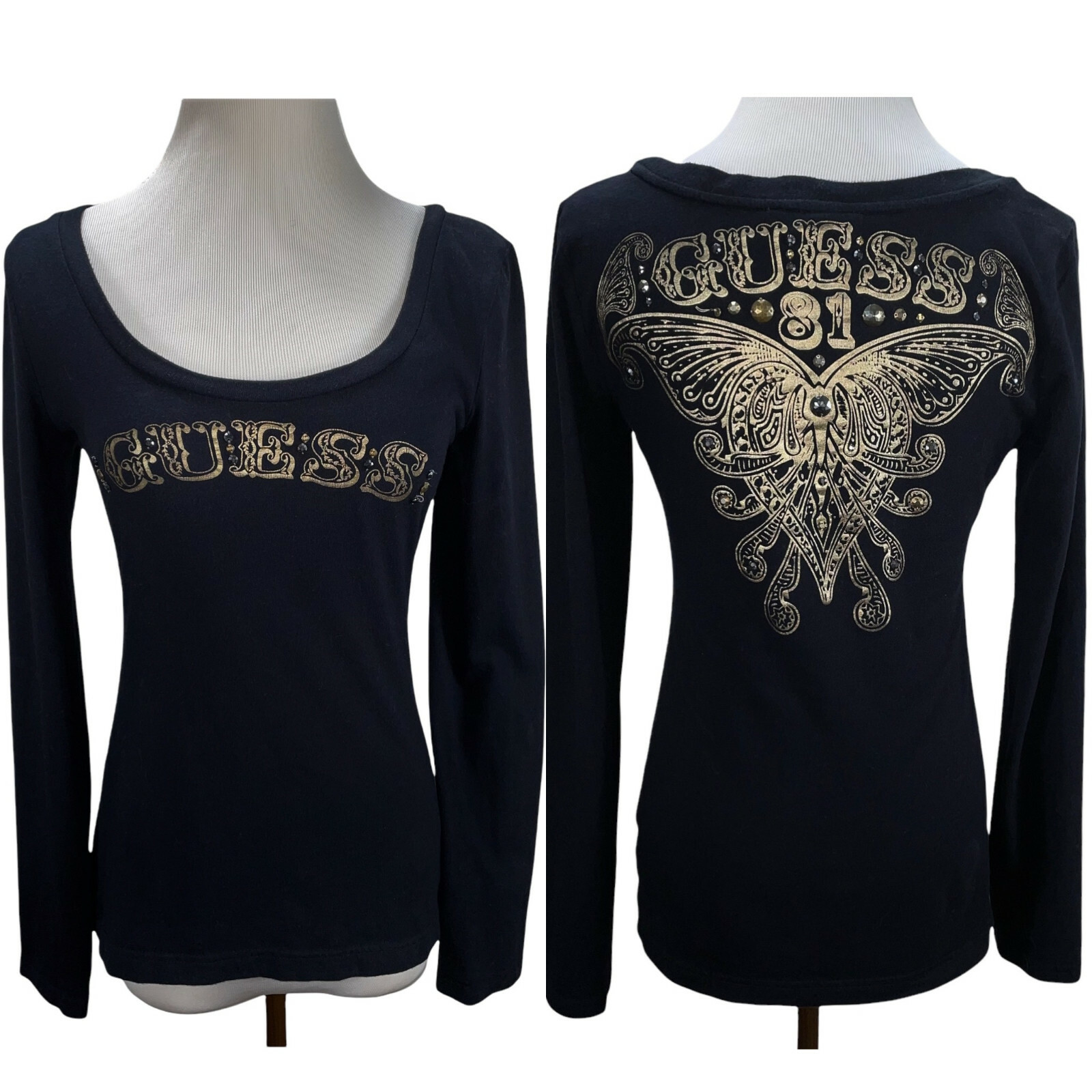 Vintage Guess 1981 Beaded Gold Logo Heart Print Black… - Gem