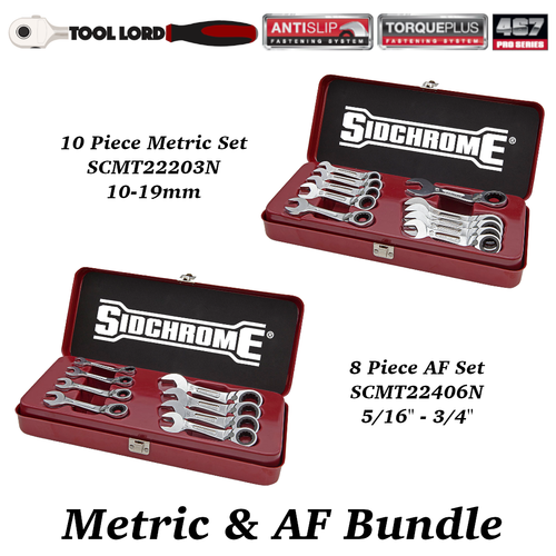 Sidchrome 10 Piece Metric + 8 Piece AF 467 Pro Series Stubby Ratchet Spanner Set | eBay Australia