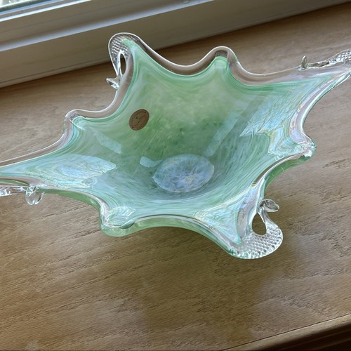 Vintage Italian Murano Opalino Green Blown Glass Shell Bowl W/ Labels ...