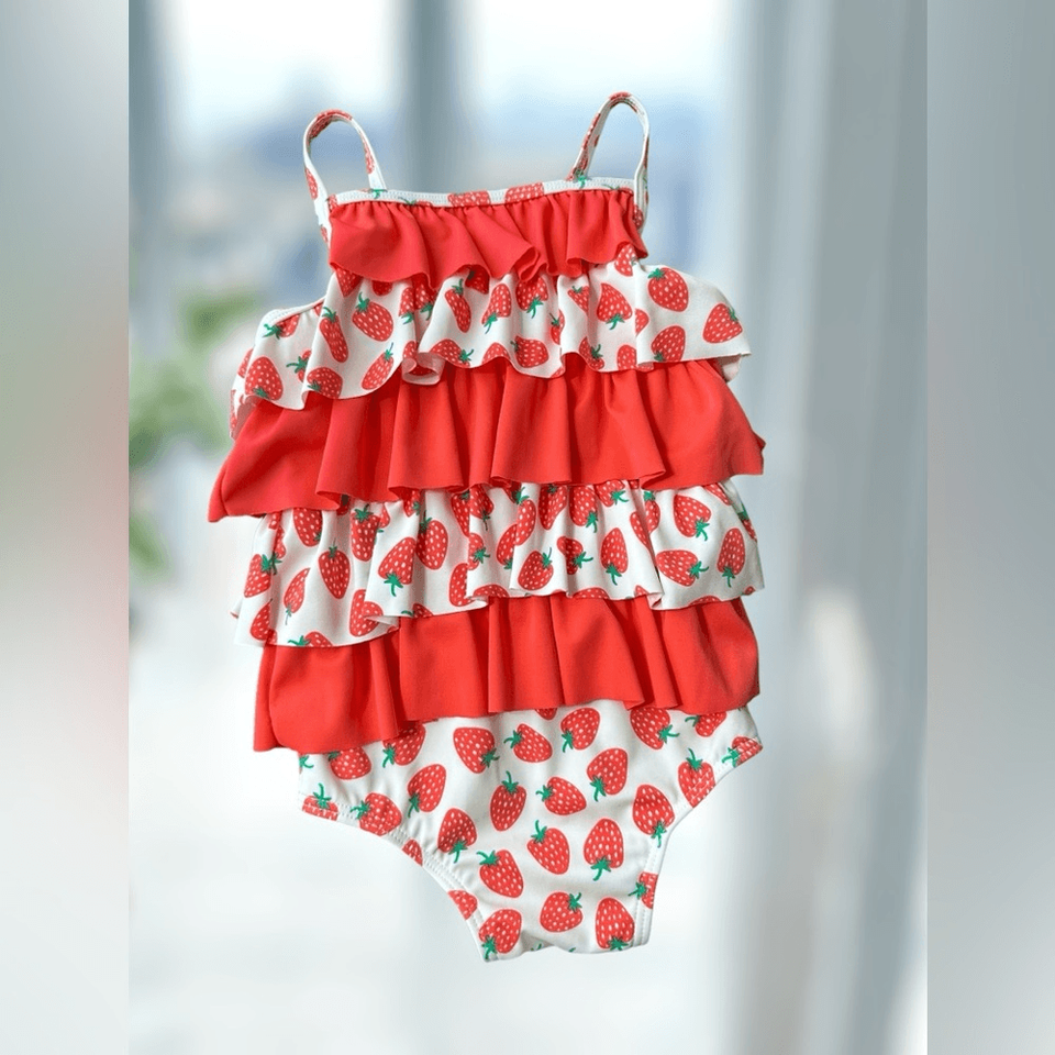 Baby Boden swimsuit sunset red strawberries one piece ruffles size 2-3 ...