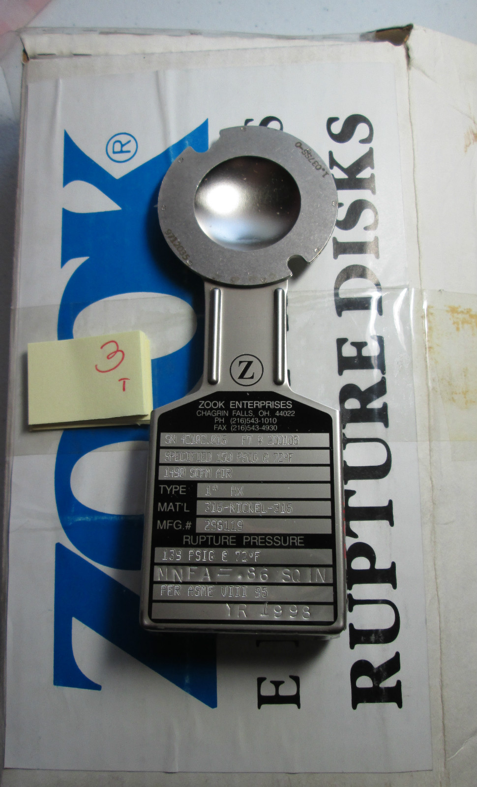 NEW IN BOX ZOOK RUPTURE DISC 298119 1" HX 139 PSIG 200108 @ 72F (368 ...