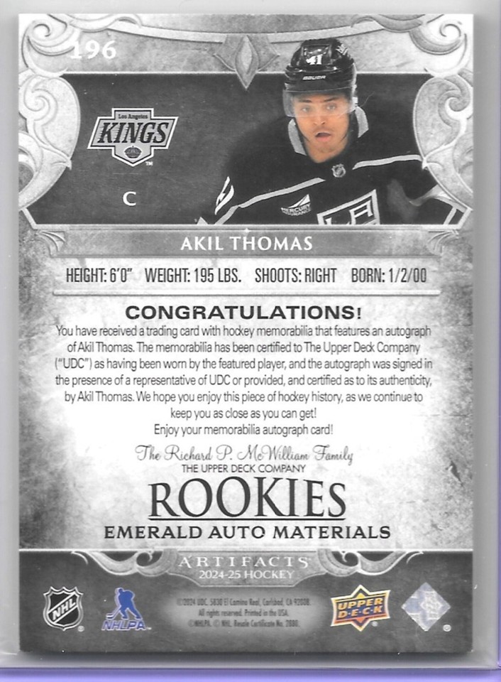 AKIL THOMAS 24-25 UD ART. EMERALD AUTO MAT. DUAL PATCH ROOK #23/45/AHL/BLUES | eBay