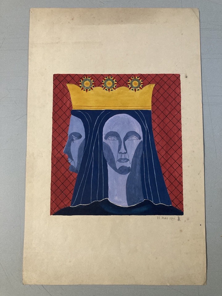 Large Gouache Drawing On Paper Woman 1946 Greek Portrait Democritus ...