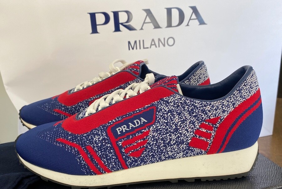 PRADA 2EG272 RED BLUE FABRIC TRAINERS KNIT LOGO LACE UP SNEAKERS US 8 ...