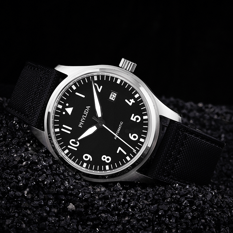 42mm Black Aviator Watch 5ATM MIYOTA Automatic Domed Sapphire Crystal ...