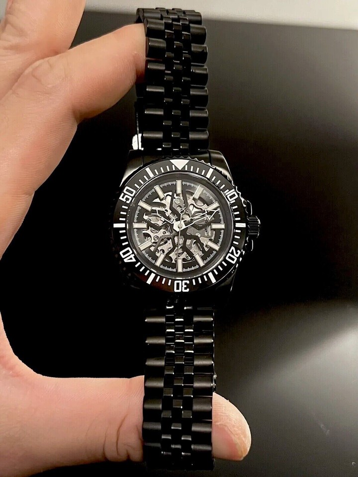 Black Seiko Sub Mod NH72A Skeleton Dial Oyster w/ S-Crown, Clear Back ...