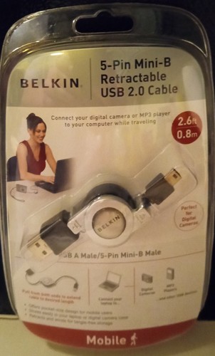 Belkin Retractable 5-Pin Mini-B Hi-Speed USB 2.0 Cable 2.6ft Digital ...