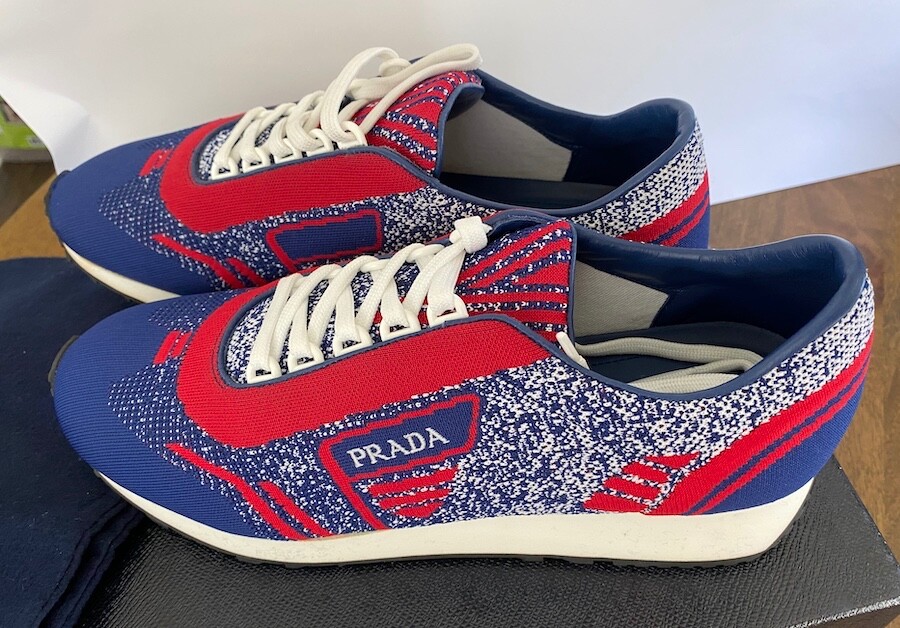 PRADA 2EG272 RED BLUE FABRIC TRAINERS KNIT LOGO LACE UP SNEAKERS US 8 ...