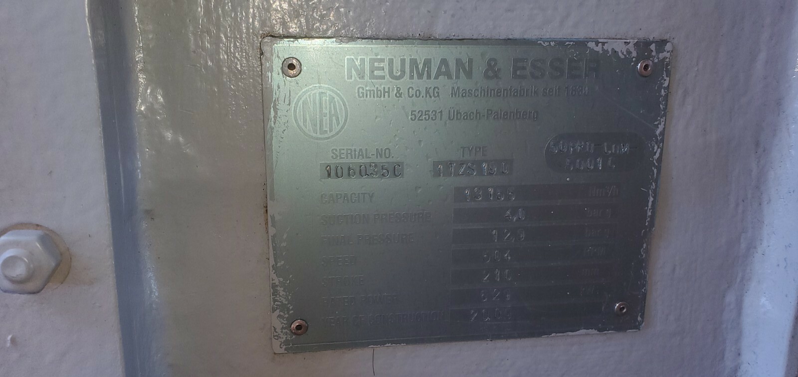 Neuman & Esser 190, 1TZS190 Hydrogen Gas Compressor 900 HP 7742 SCFM ...
