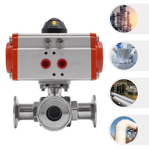 1 INCH T-Type Sanitary Pneumatic Ball Valve Tri-Clamp Quick Ferrule 3 ...