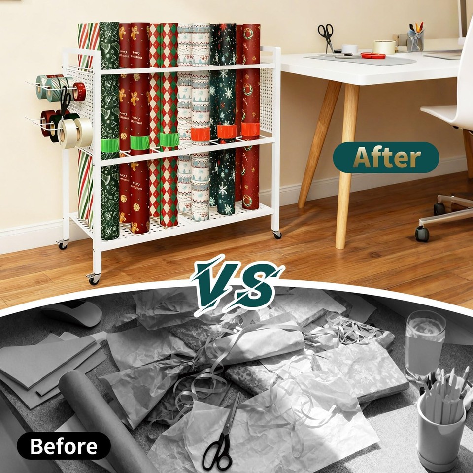 Wrapping Paper Organizer Storage Cart with 18 Slap Bands, Rolling Gift ...