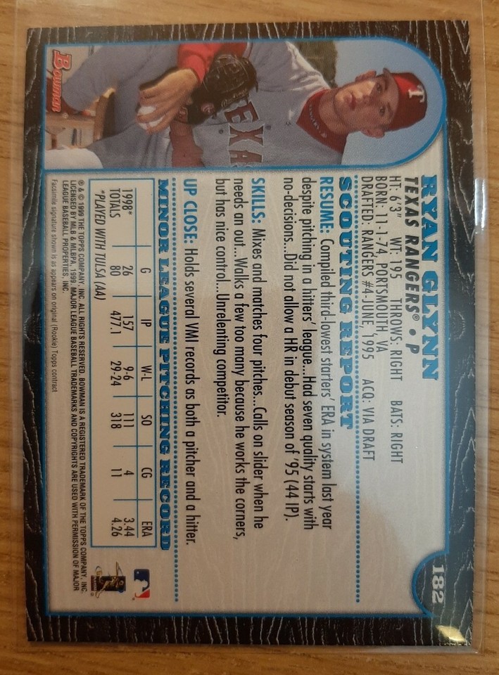 1999 BOWMAN INTERNATIONAL RYAN GLYNN ROOKIE #182 TEXAS RANGERS | eBay