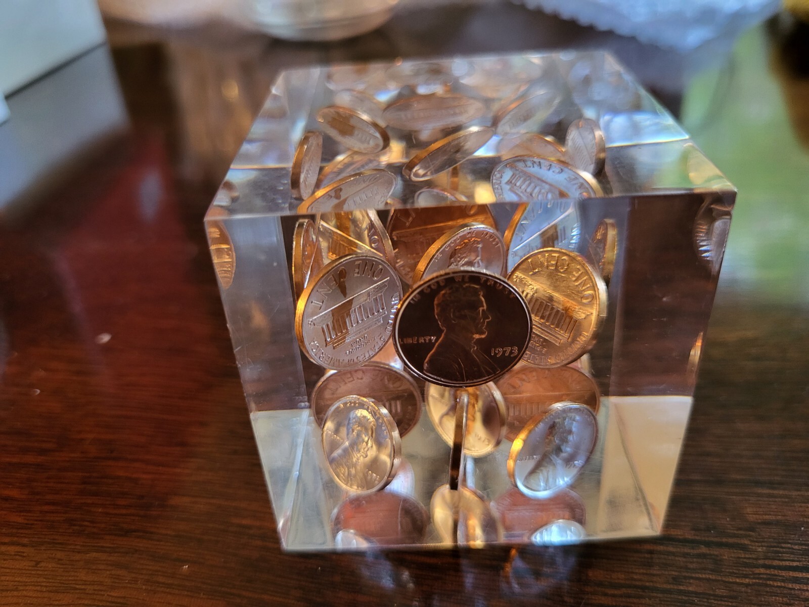 Vintage Acrylic Lucite Floating Penny Paperweight 1973 2.5" Cube Of ...