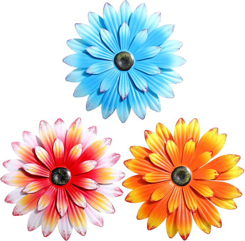3 Pcs Metal Flower Wall Art 3D Metal Daisy Flower Wall Decor Multiple ...