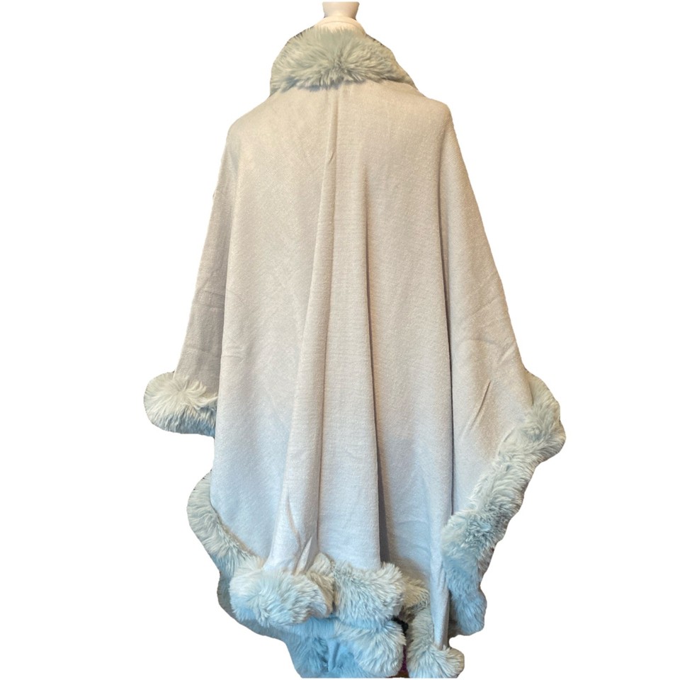 Light Ice Blue Ruana Cape With Faux Fur Trim Fits All Sizes up to 3X | eBay
