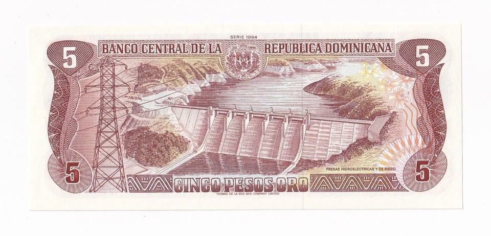 DOMINICAN REPUBLIC-5 PESOS ORO-1994-SERIAL NUMBER 642087-PICK 146 , UNC ...