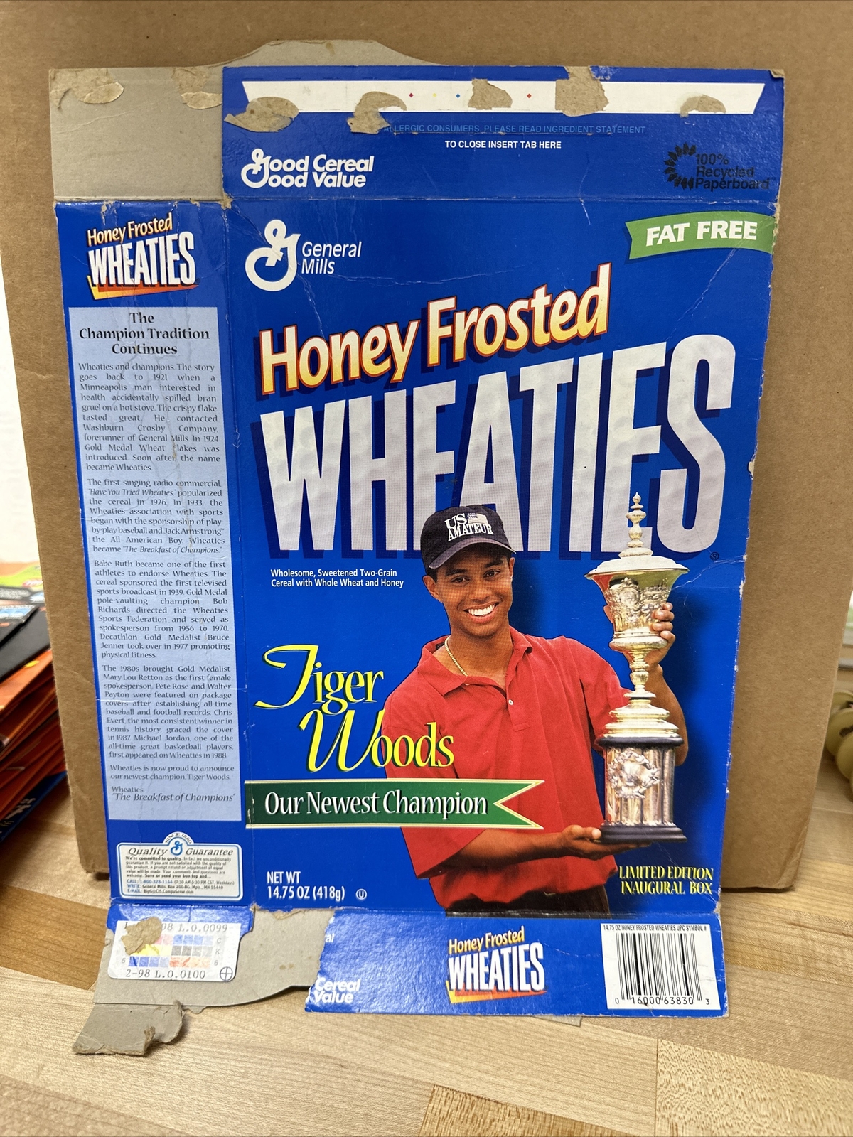 Tiger Woods 1998 Honey Frosted Wheaties Cereal Box Vintage LE Flat Box ...