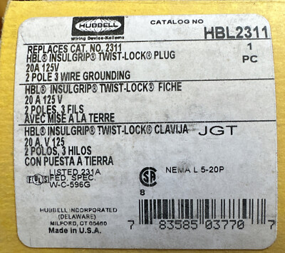 Lot of 4: Hubbell HBL2311 TWIST-LOCK PLUG 20A 125V New 783585037707| eBay