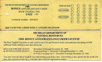1988 MICHIGAN DNR ANTLERLESS DEER BACK TAG KILL TAG -MICHIGAN DEER-BEAR ...