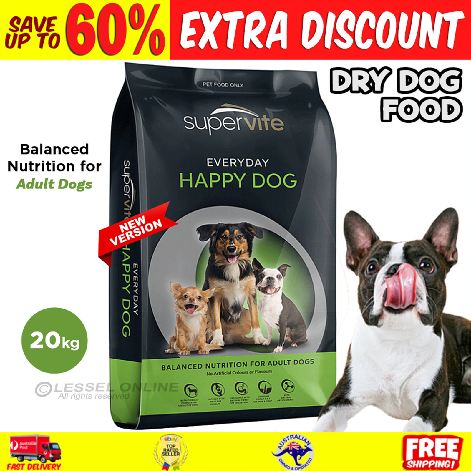 Large 20kg Supervite Happy Dog Food Adult Balanced Dry Food Healthy ...