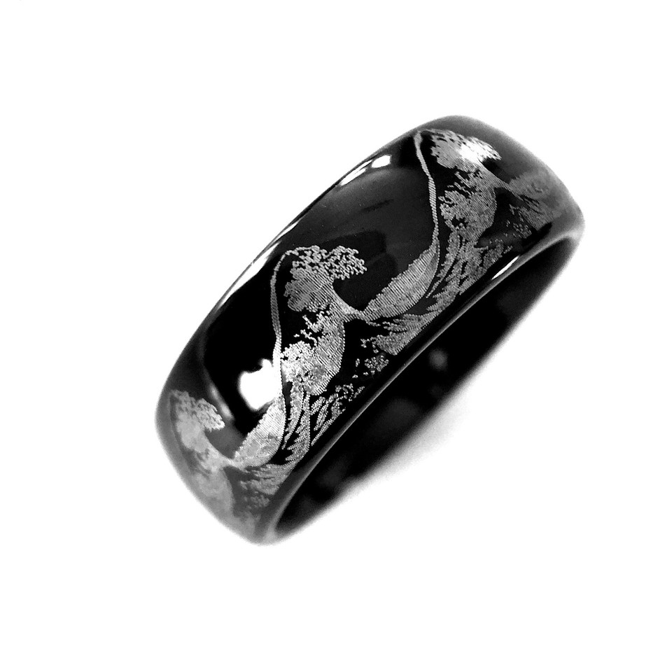 Men's Tungsten Ring Ocean Ring Wave Ring Black Tungsten Wedding Bands ...