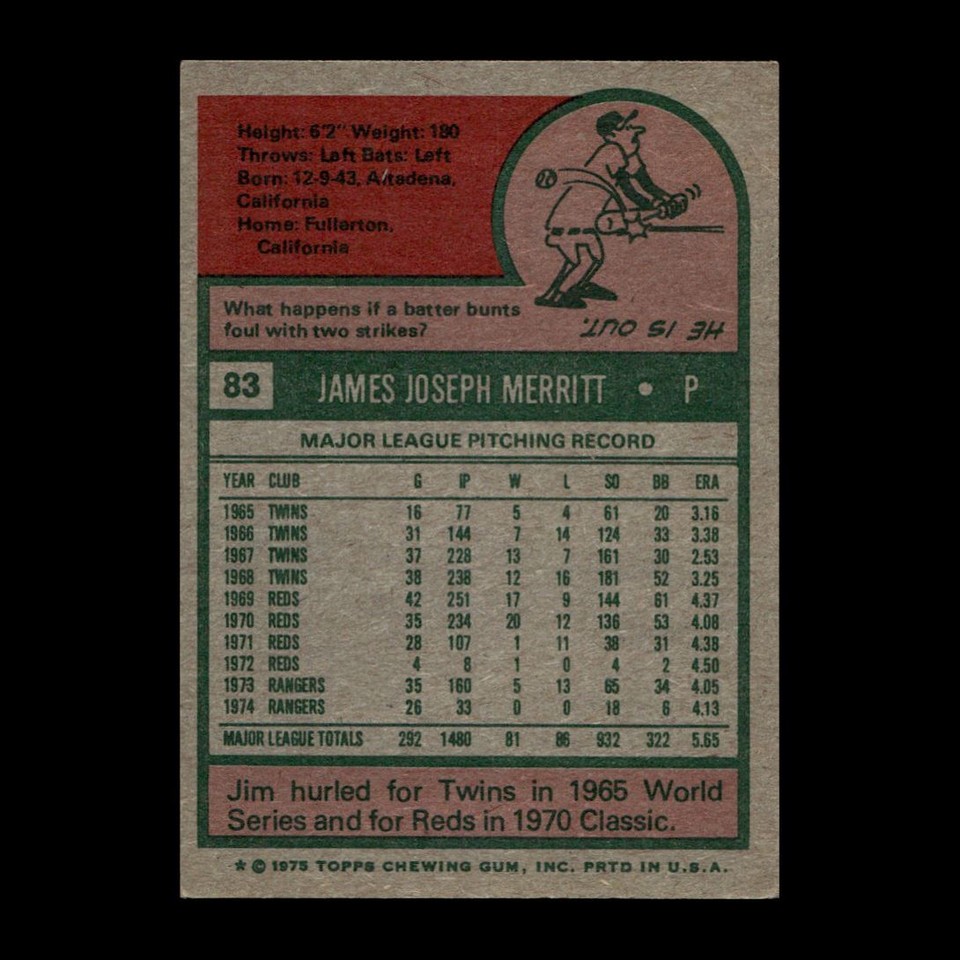 Jim Merritt 1975 Topps Texas Rangers #83 GM R305 | eBay