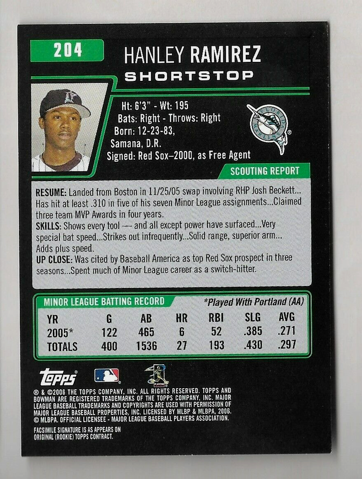 HANLEY RAMIREZ 2006 BOWMAN ROOKIE RC CARD #204 MLB GREAT! | eBay