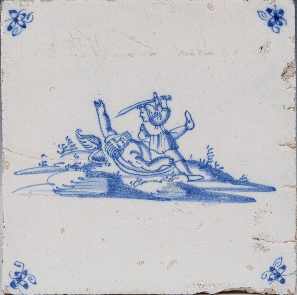 Nice set of 9 Dutch Delft Blue fine painted tiles, biblical, 18th ...
