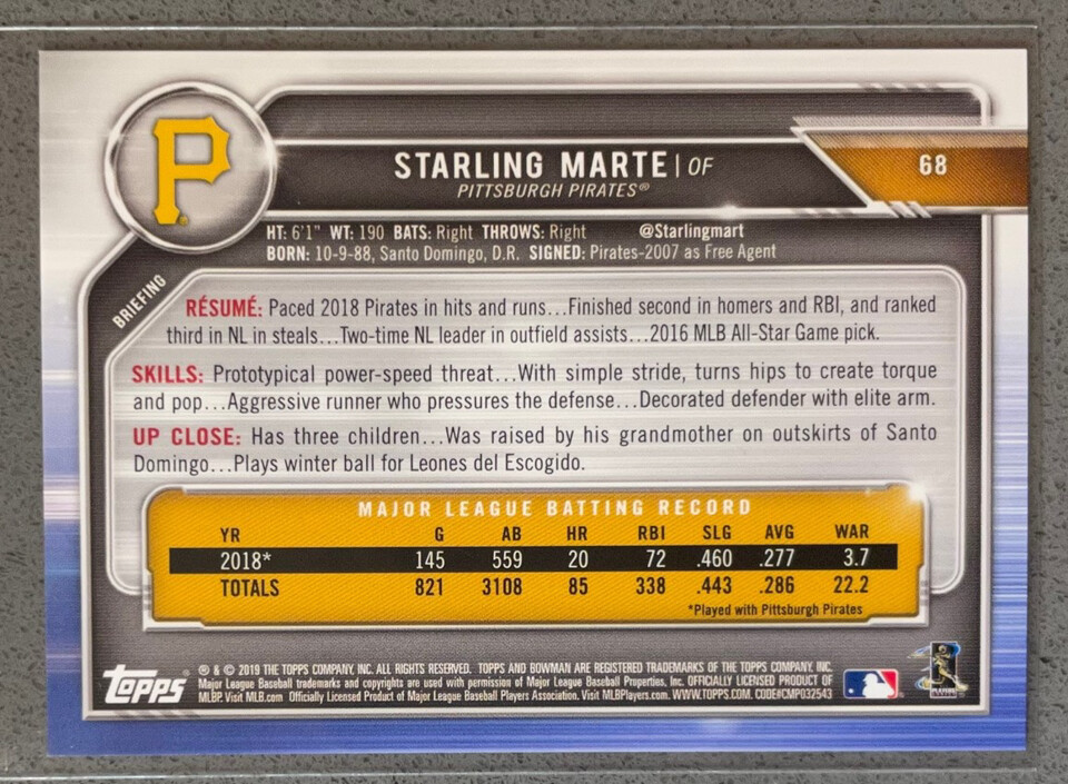 2019 Bowman Baseball MLB #68 Starling Marte /99 Green Parallel Card ...