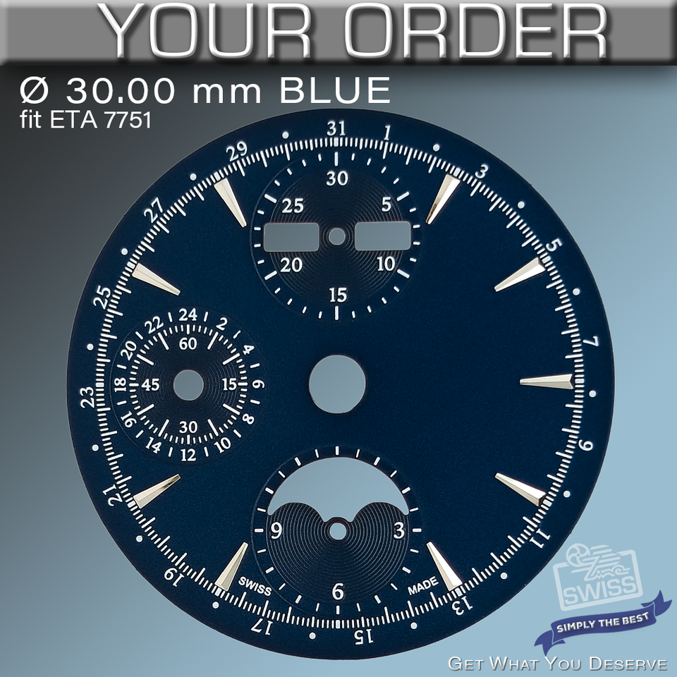 DIAL FIT MOVEMENT ETA VALJOUX 7751, Ø 30.0 mm, BLUE WITH DAY DATE ...