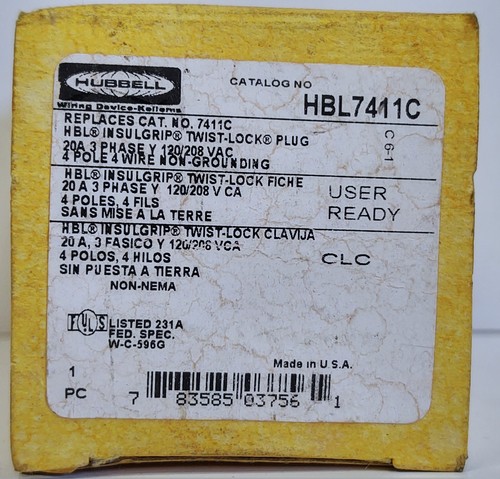 Hubbell HBL7411C 20 A 3 Phase 120/208 VAC Non-Grounding Male Twist-Lock ...