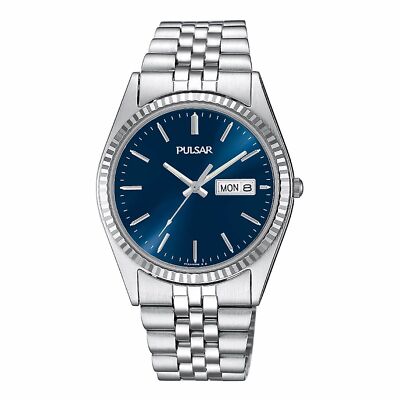 Pulsar PXF303 Men's Dress Silver Stainless Steel Blue Dial Day Date ...