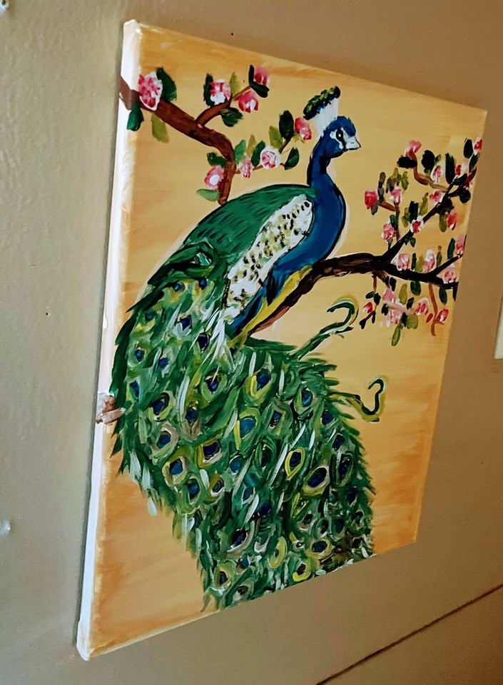 Beautiful Colorful Peacock On A Tree Branch, 11x14 Acrylic Canvas ...