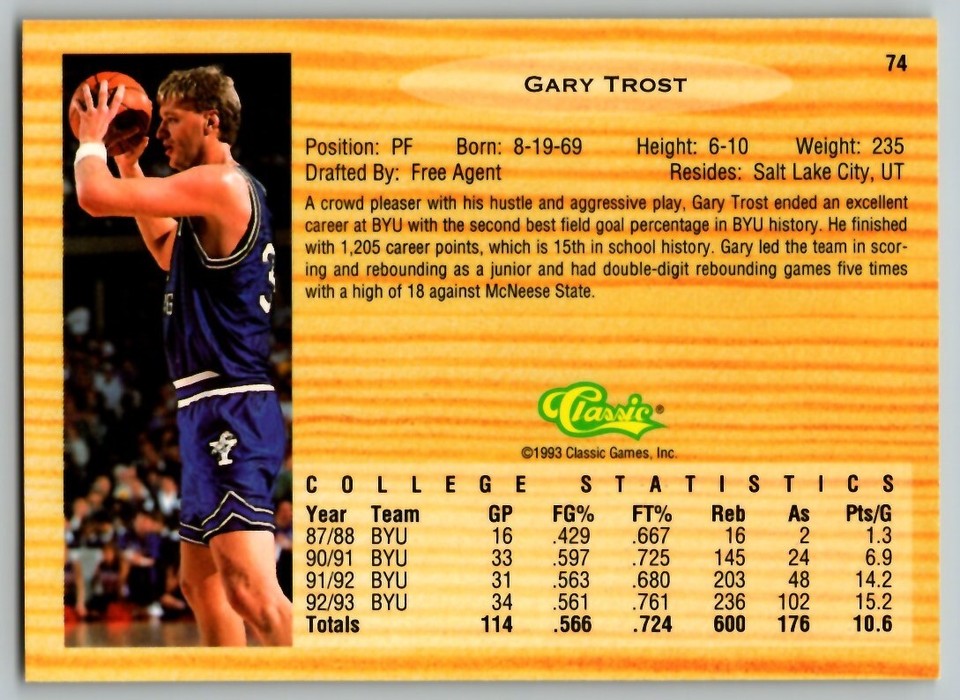 1993-94 CLASSIC DRAFT PICKS GARY TROST BYU COUGARS #74 | eBay