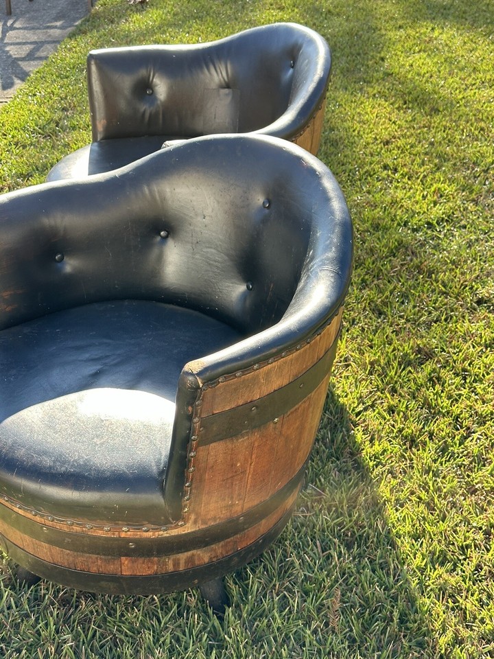 Vintage MCM Oak Barrel Barrel Leather Chairs Set Of 2 Black Brown Bar ...