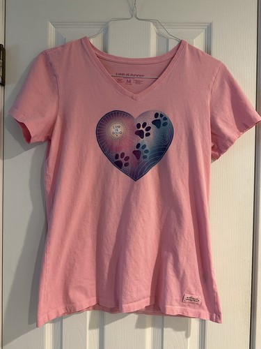 Life Is Good Pink Heart Paw Print T-Shirt Tee Top V-neck Size M - EUC ...