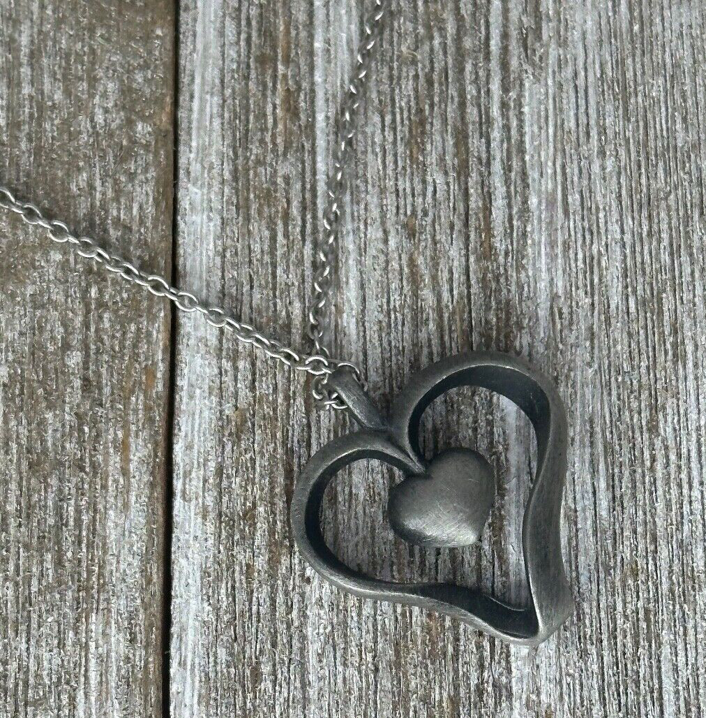 Vintage Hallmark Pewter Double Heart Pendant and Chai… - Gem