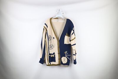Vtg 80s Streetwear Womens Medium Striped Bicycle Cycling Knit Cardigan ...