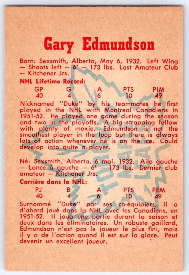 GARY EDMUNDSON 1960-61 PARKHURST 60-61 NO 5 EXMINT+ 52217 | eBay