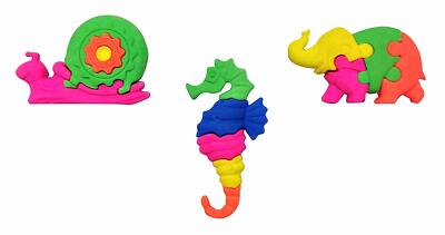 Set Of 3 Multi Coloured Novelty Puzzle Erasers Elephant Seahorse ...