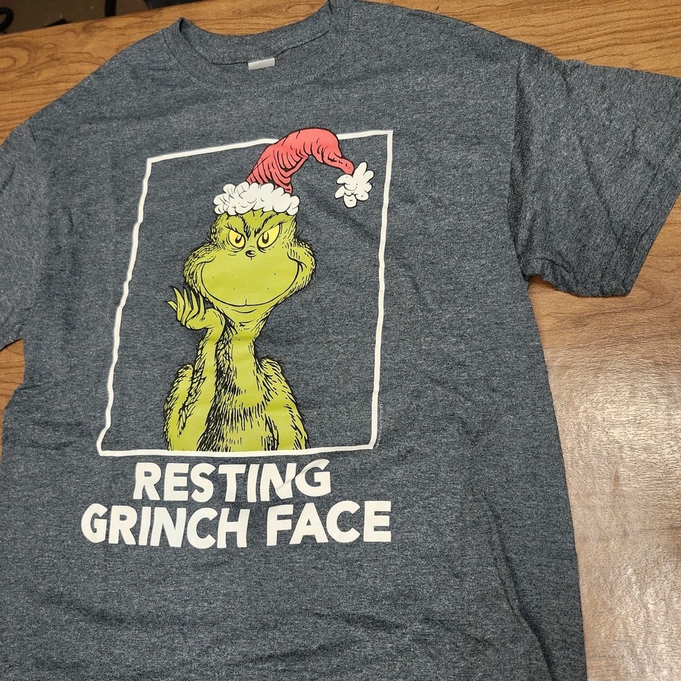 Resting Grinch Face Christmas T-Shirt Adult Medium Gray Tee Funny Cute ...