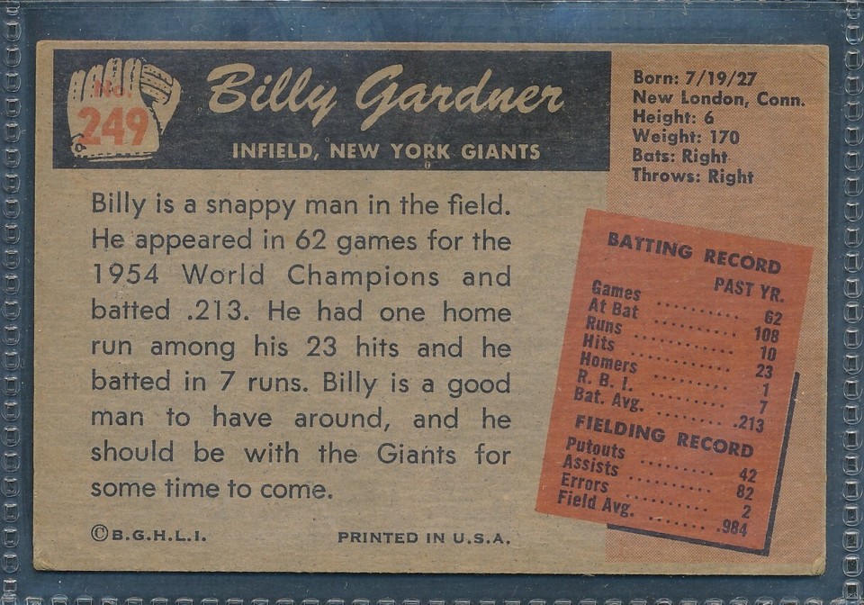 1955 Bowman #249 New York Giants: BILLY GARDNER Signed Autograph On-Card Auto | eBay